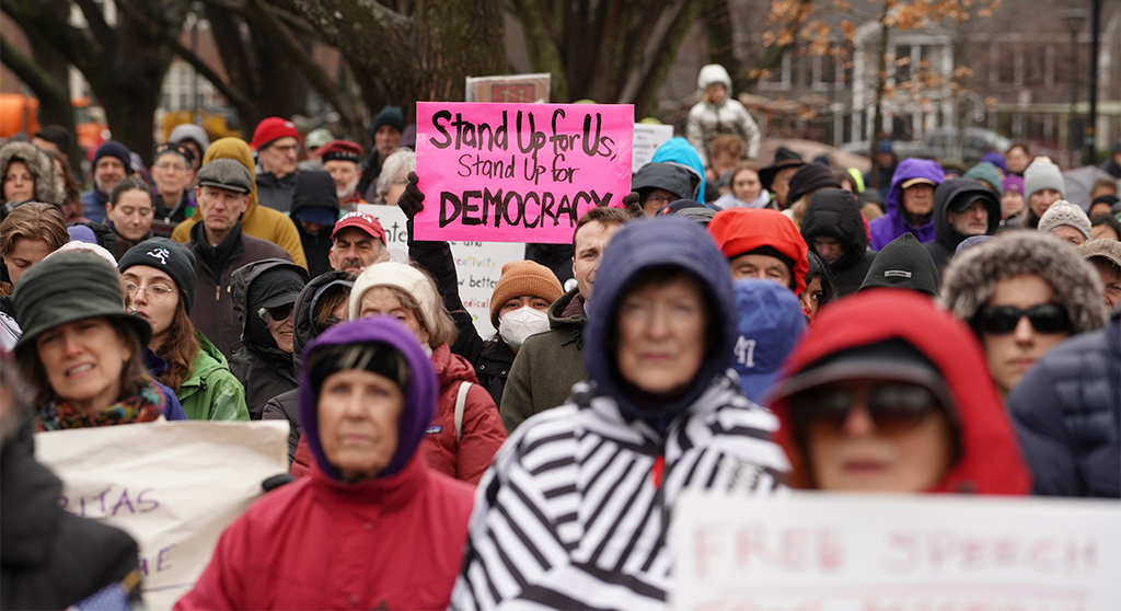 Protesters call on Harvard to fight Trump threats, defending democracy ...